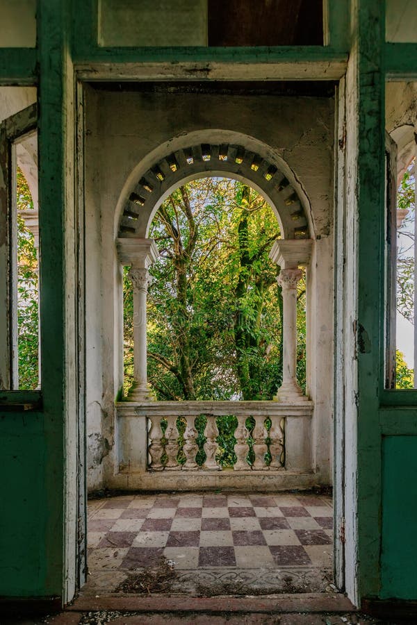 Old Overgrown Arched Balcony in Old Abandoned Mansion Stock Photo ...