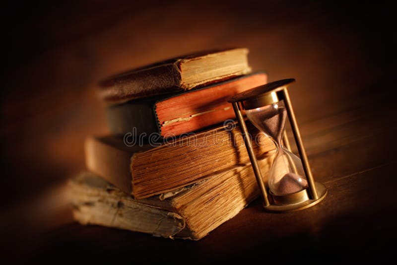 Old Overlapping Books with Ancient Hourglass Stock Image - Image of ...