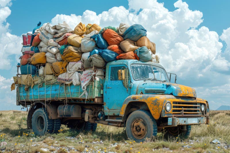 Old Overloaded Truck on the Road Stock Image - Image of road, move ...