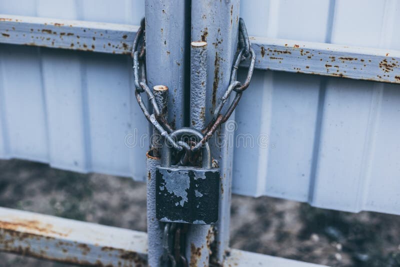 Old Padlock and Chain on the Gate Stock Image - Image of focus ...