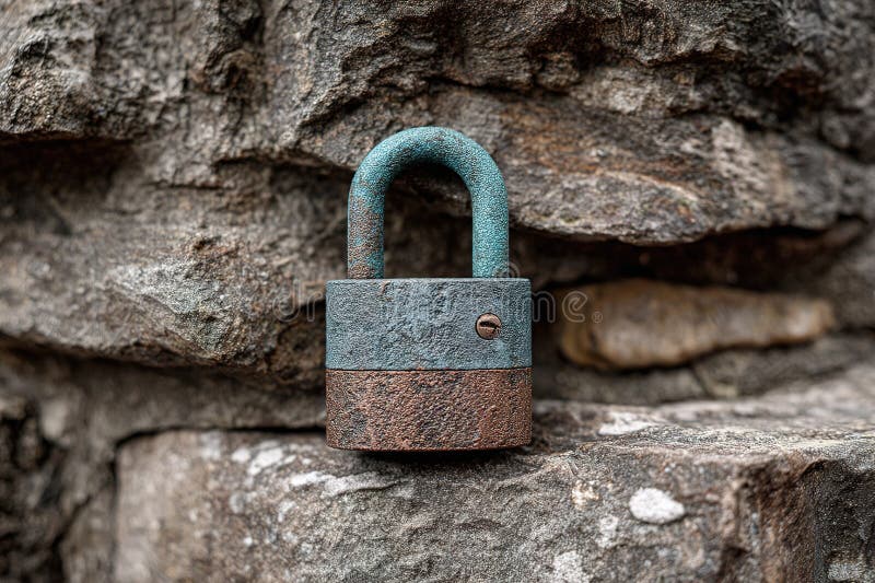 Old Padlock Rests on Weathered Stone Against a Rugged Background in a ...