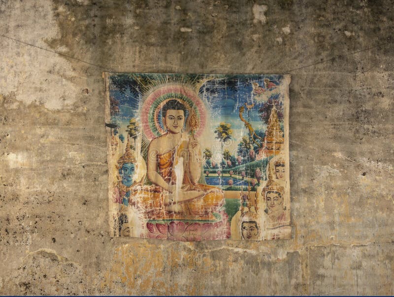 Old Painted Print of Buddha on Decayed Wall in Asia Editorial Image ...