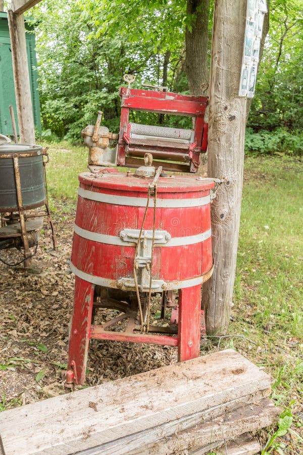 Old Painted Red Wooden Washing Machine Stock Image - Image of machine ...