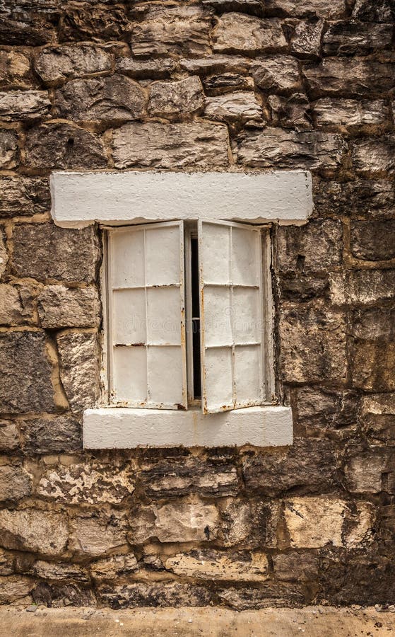 Old, Painted Window Set in Stone Wall Stock Photo - Image of rocks ...