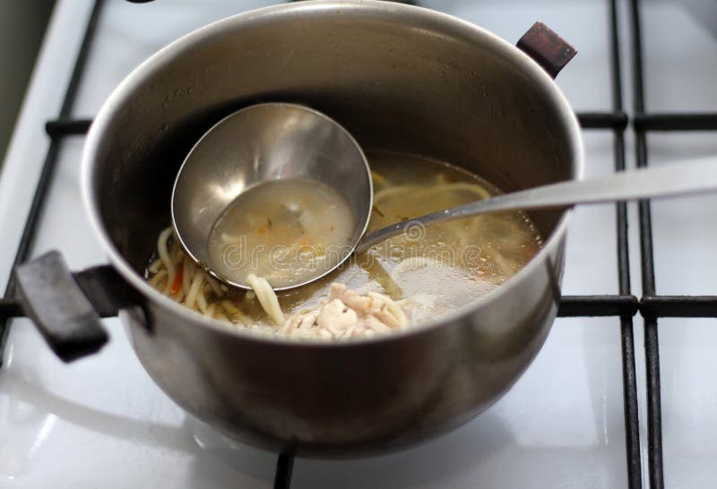 Old Pan with Soup on the Stove Stock Photo - Image of kitchen, power ...