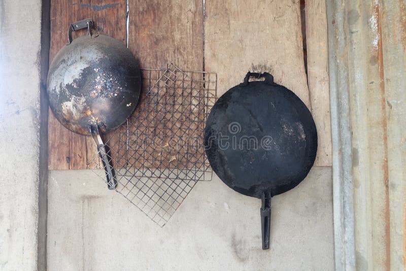 Old pan on wall stock photo. Image of decorative, silver - 69278254