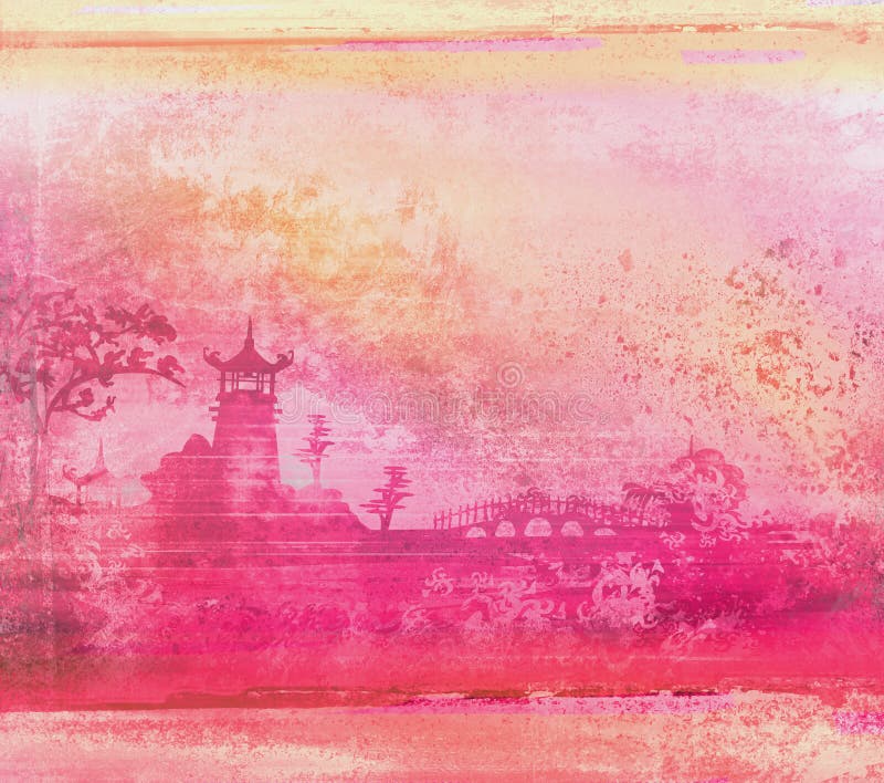 Old Paper with Asian Landscape Stock Illustration - Illustration of ...