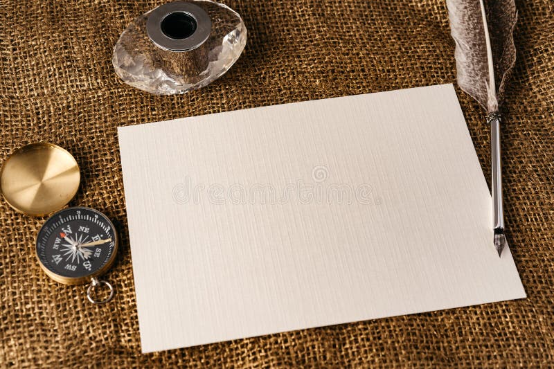 Old Paper with Compass and Quill Pen Top View Photo Stock Photo - Image ...