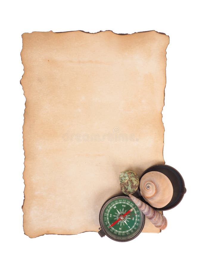 Old Paper, Compass and Shells Isolated on White Background Stock Photo ...