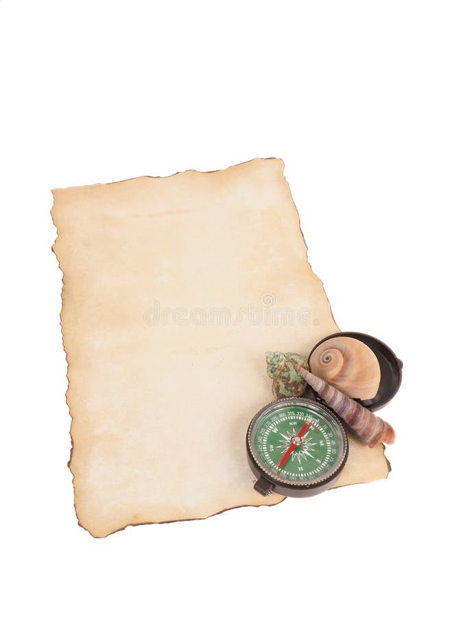 Old Paper, Compass and Shells Isolated on White Background Stock Photo ...