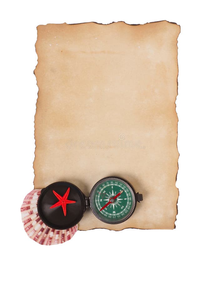 Old Paper, Compass and Shells Isolated on White Background Stock Photo ...