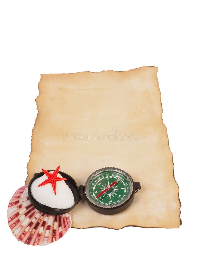 Old Paper, Compass and Shells Isolated on White Background Stock Photo ...