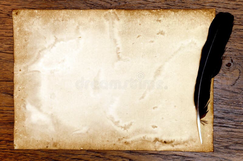 Old Paper with Feather on Brown Wood Texture Stock Image - Image of ...