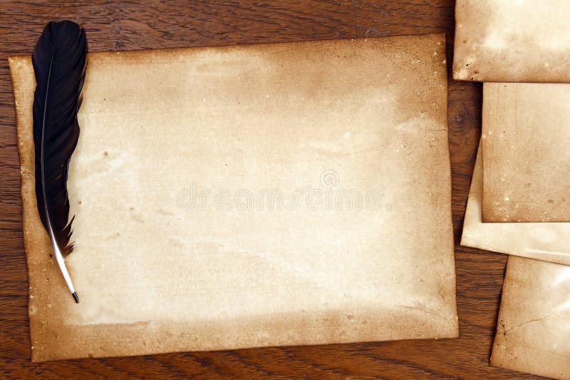 Old Paper with Feather on Brown Wood Texture Stock Image - Image of ...