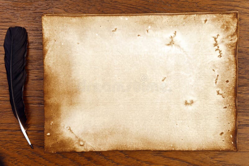 Old Paper with Feather on Brown Wood Texture Stock Photo - Image of ...
