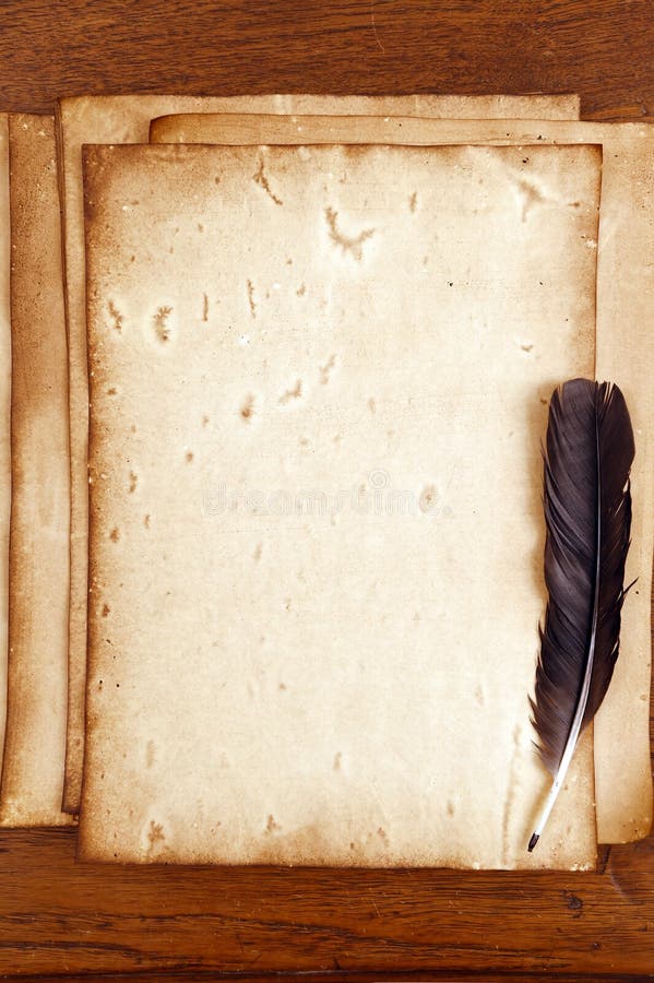 Old Paper with Feather on Brown Wood Texture Stock Image - Image of ...