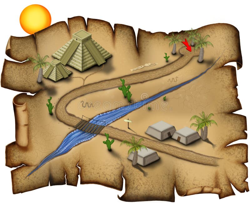 Old Paper with a Map of Treasures Stock Illustration - Illustration of ...