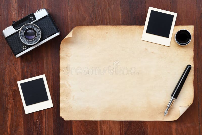 Old Paper and Pen, Camera with Frame and Ink Stock Photo - Image of ...