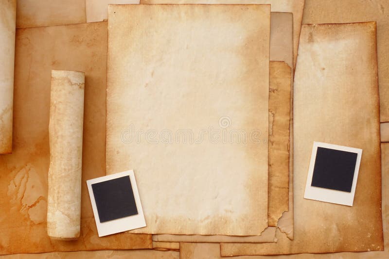 Vintage Writing Set with Old Paper on Brown Wood Texture with Feather ...