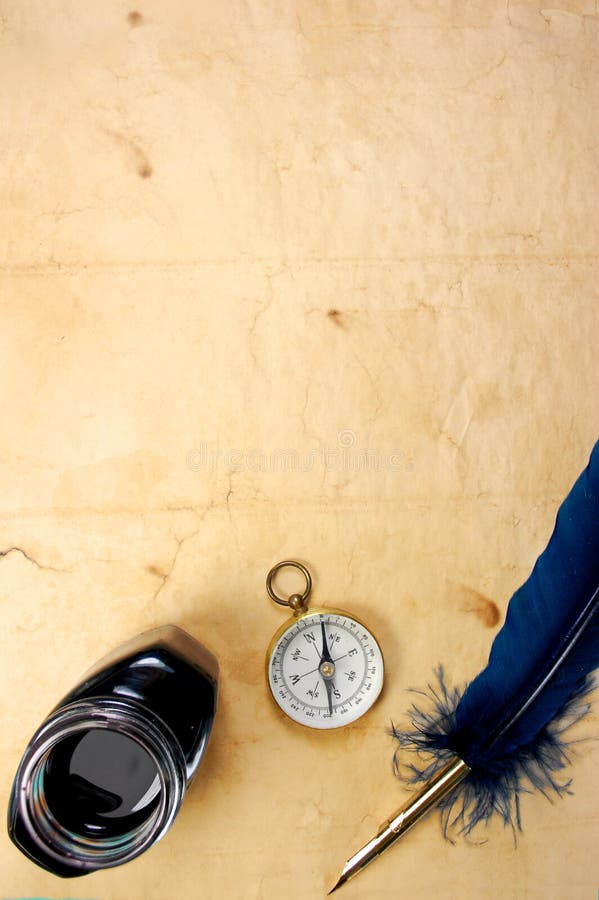 Compass on Old Paper, with Scroll and Quill Pen Stock Image - Image of ...