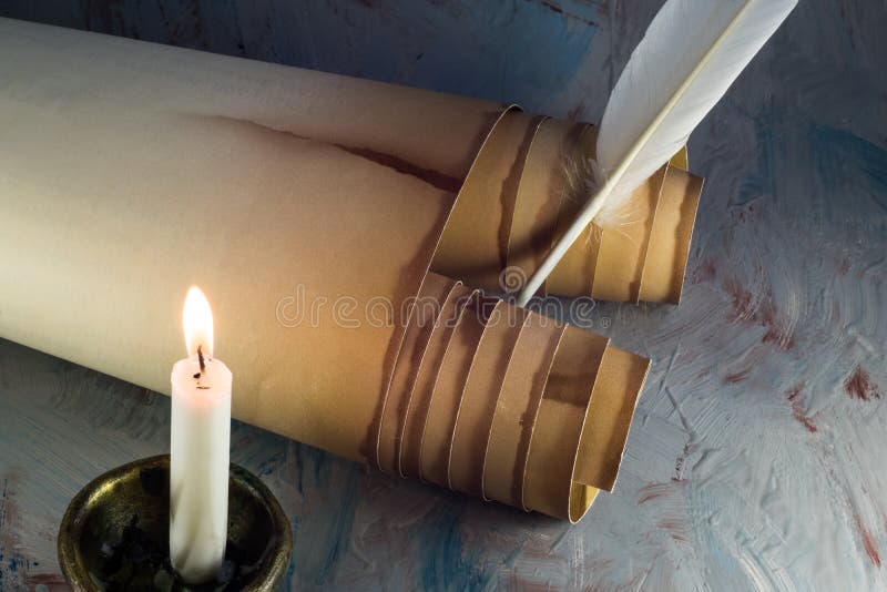 Old Paper Scroll, Quill Pen and Burning Candle in an Old Candlestick ...