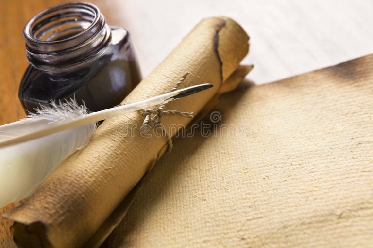 Old Paper, Scroll and Quill on Wooden Table Stock Image - Image of ...