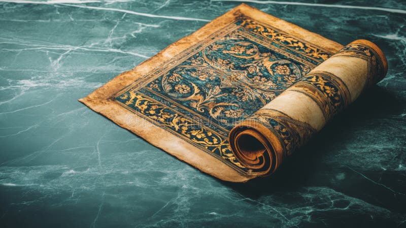 An Old Paper Scroll, Rolled Up, Featuring an Elaborate Gold Pattern and ...