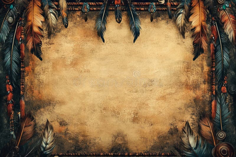 Old Paper Texture with Feather Border and Native American Decoration ...