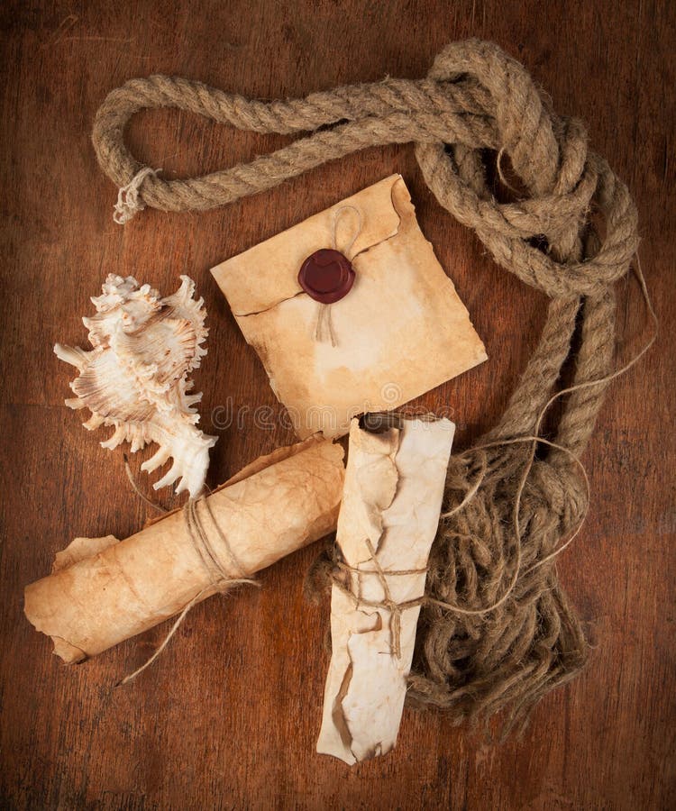 Old Papers, Map, Scroll, Shell and Bundle Stock Image - Image of ...