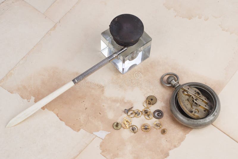 Old Papers and Pen with Broken Vintage Pocket Watch Stock Photo - Image ...