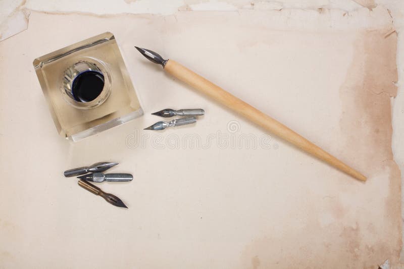 Old Papers and Pen with Vintage Inkwell Stock Image - Image of dark ...
