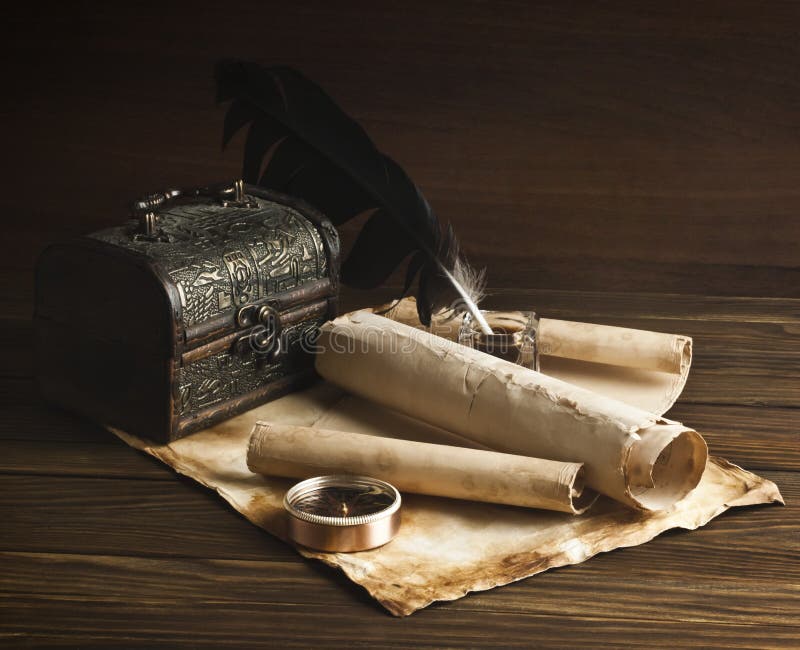 Old Papers on a Wooden Table Stock Image - Image of insignia, fashioned ...
