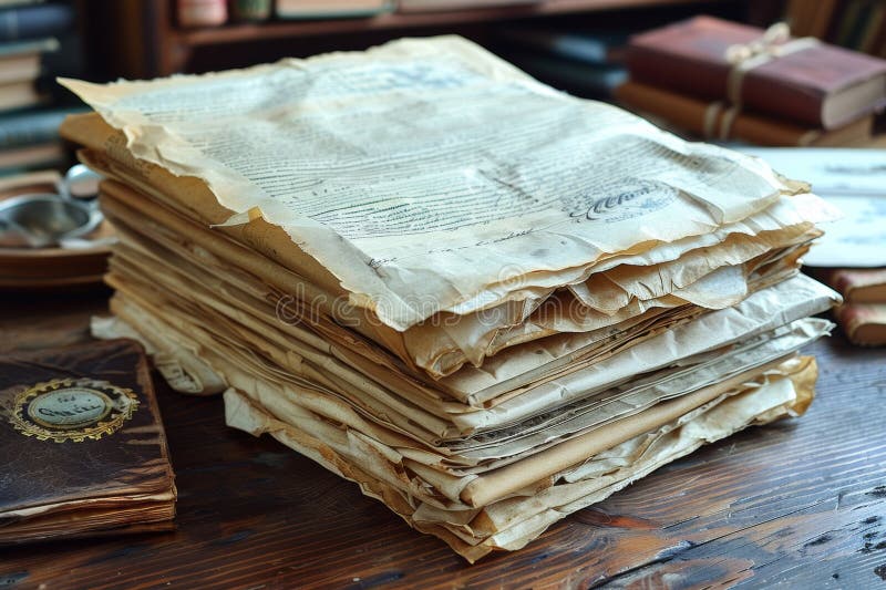 Old Parcel Post Documents Stacked Neatly on a Wooden Surface in a Cozy ...