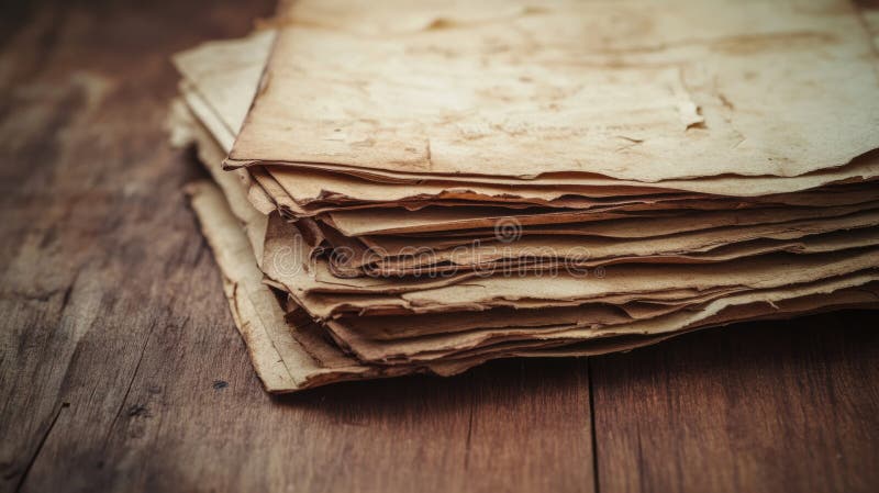 Old Parchment Documents Stacked on a Wooden Table Showcasing Historical ...
