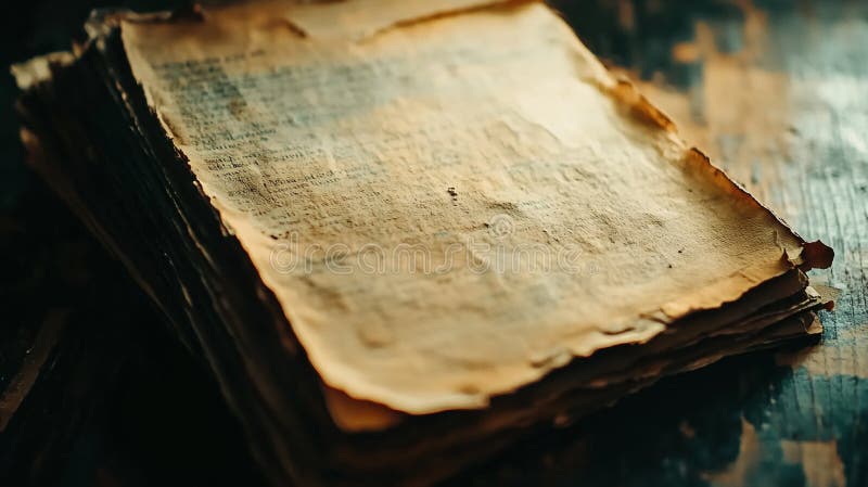Old Parchment Documents are Stacked on a Wooden Table Under Soft ...