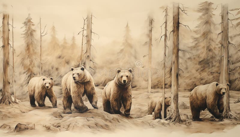 Old Parchment Paper Pencil Outline Drawing of Group of Bear Stock ...