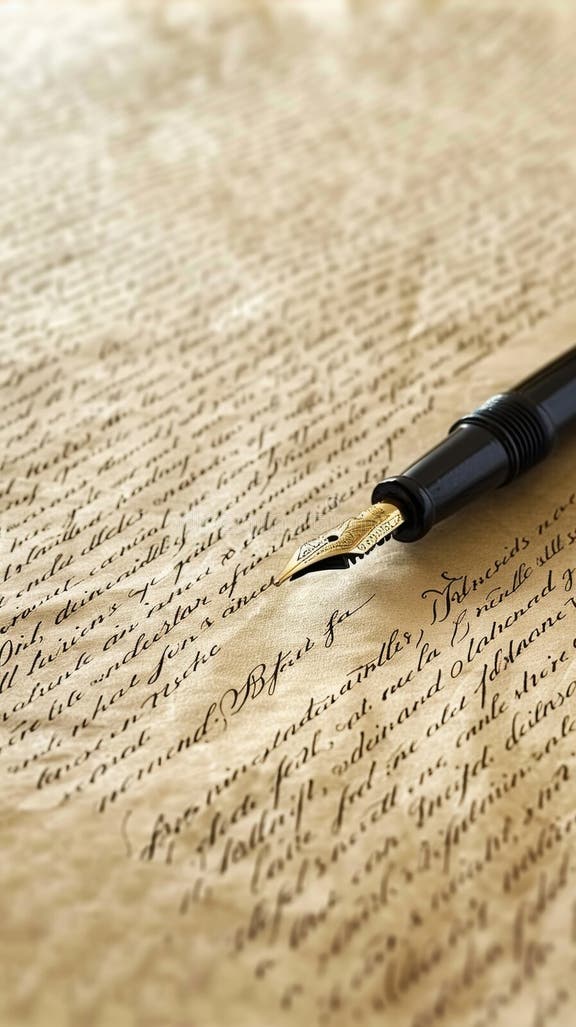 Old Parchment Paper with Scripted Handwriting and Classic Feather Quill ...