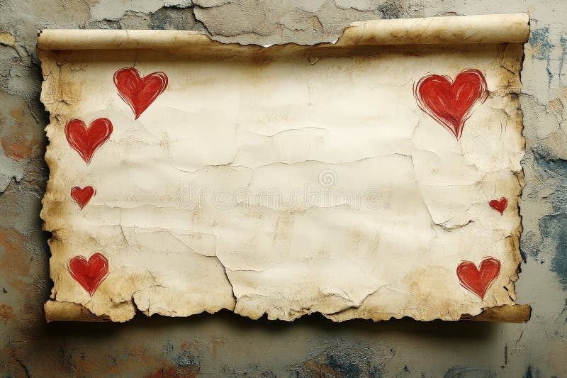Old Parchment Scroll with Hand-drawn Red Hearts on a Distressed Wall ...