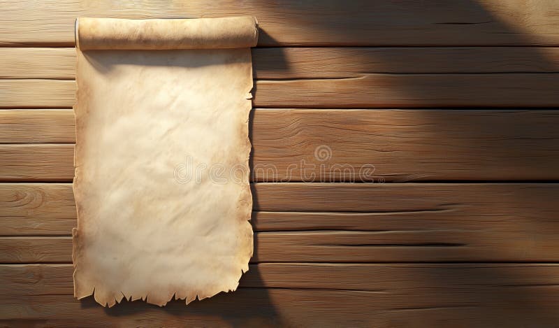 Old Parchment Scroll on Wooden Table Surface with Shadows Stock ...