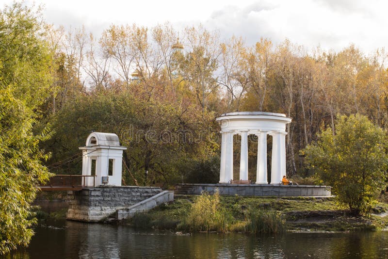 Old Park in Fall. View of Island with White Rotunda and Arch Stock ...