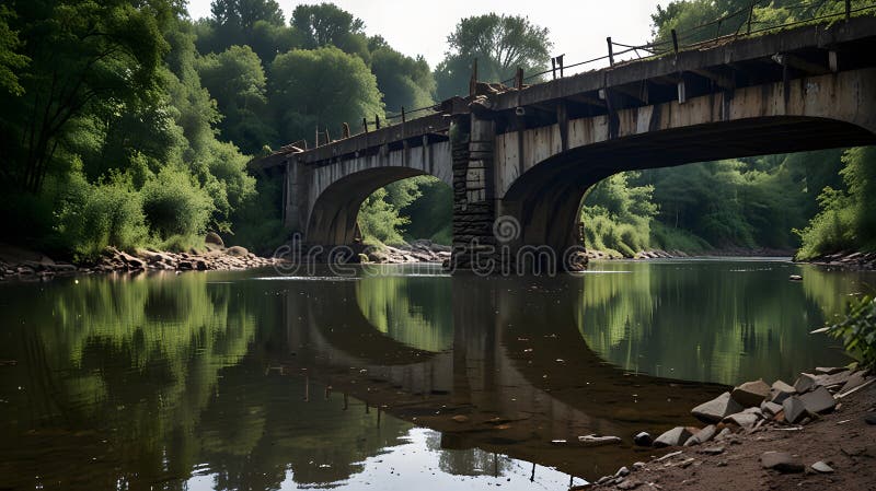 An Old Partially Destroyed Bridge Over a River, with Broken Concrete ...