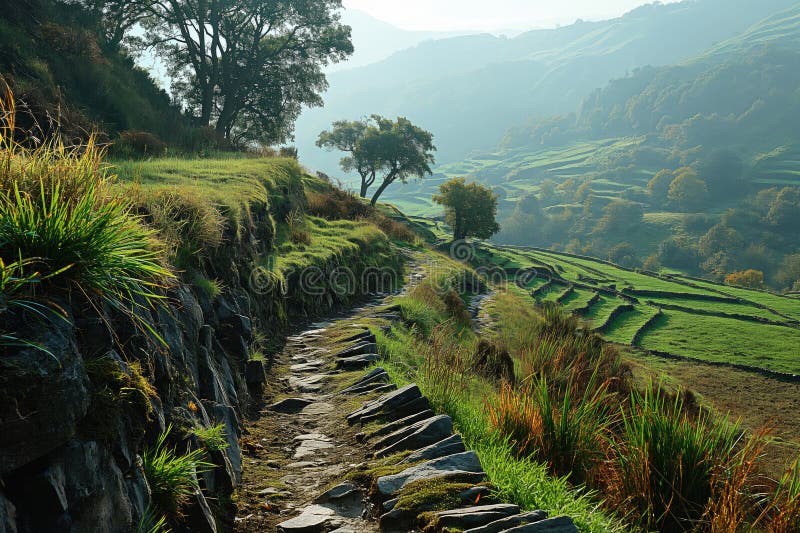 Old Path in a Beautiful Mountain Valley with Terraced Fields Stock ...