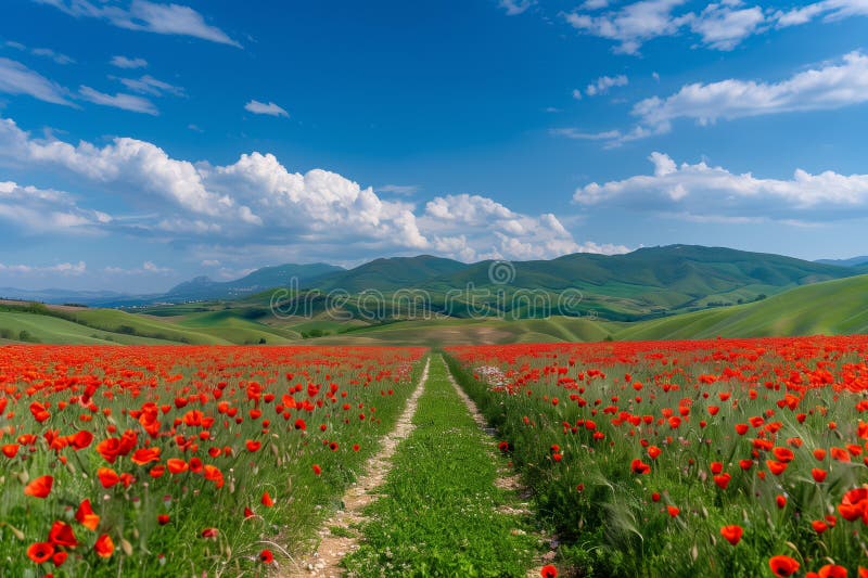 Old Path Leading through Poppy Field with Red Flowers. Stock ...