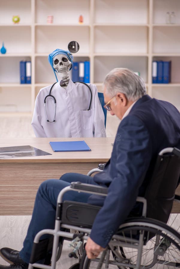 Devil Doctor Examining Skeleton Patient Stock Image - Image of evil ...