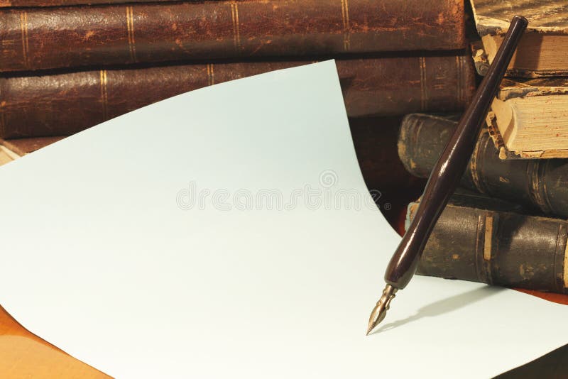 Old Paper, Scroll and Quill Pen on Wooden Paper Stock Image - Image of ...