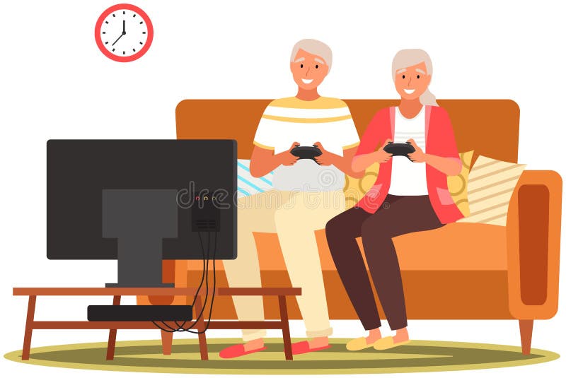 Old People Play Video Game. Senior People with Different Gadgets ...