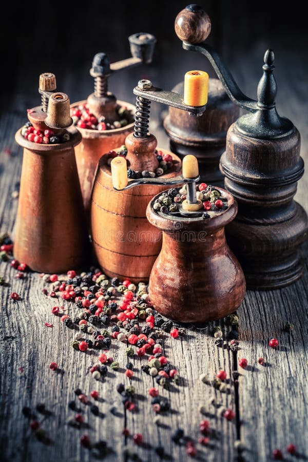 Old Pepper Mills with Different Types of Pepper Stock Image - Image of ...