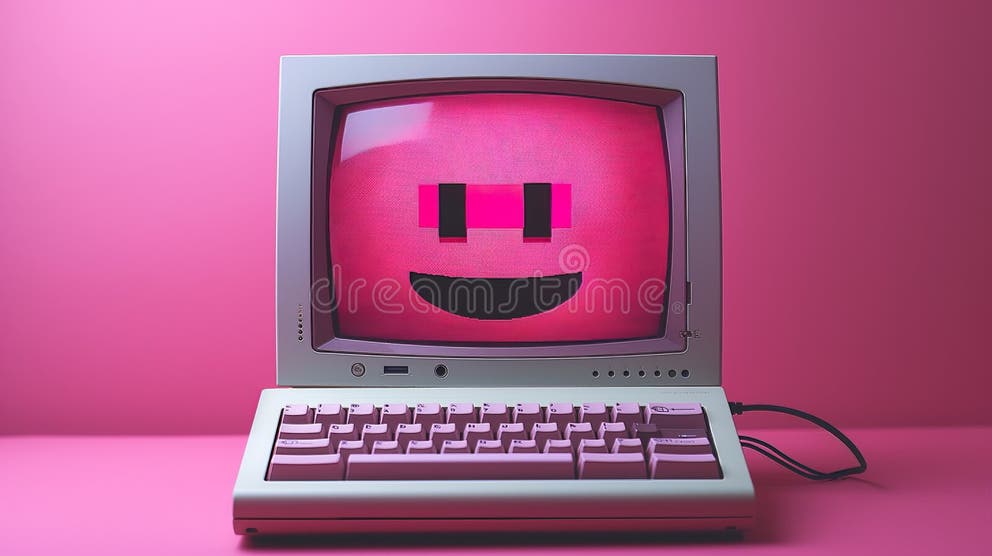 Old Personal Computer Displaying a Pink Smiley Face on Screen Stock ...