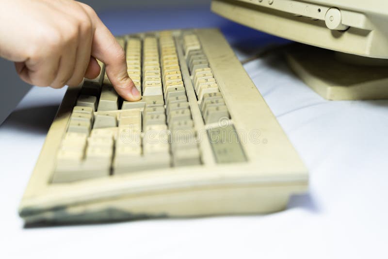 Old Personal Computer with Man Entering Enter Button a Keyboard. Stock ...