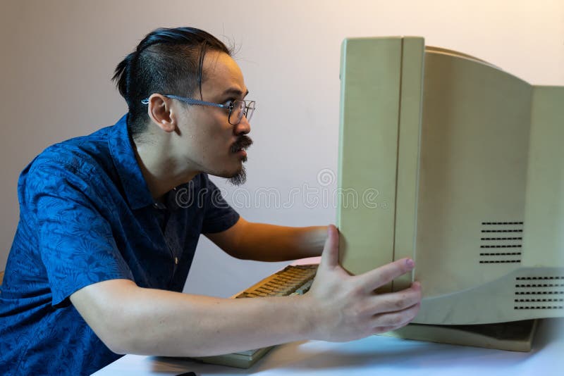 Old Personal Computer with Man Very Stressed . Stock Image - Image of ...